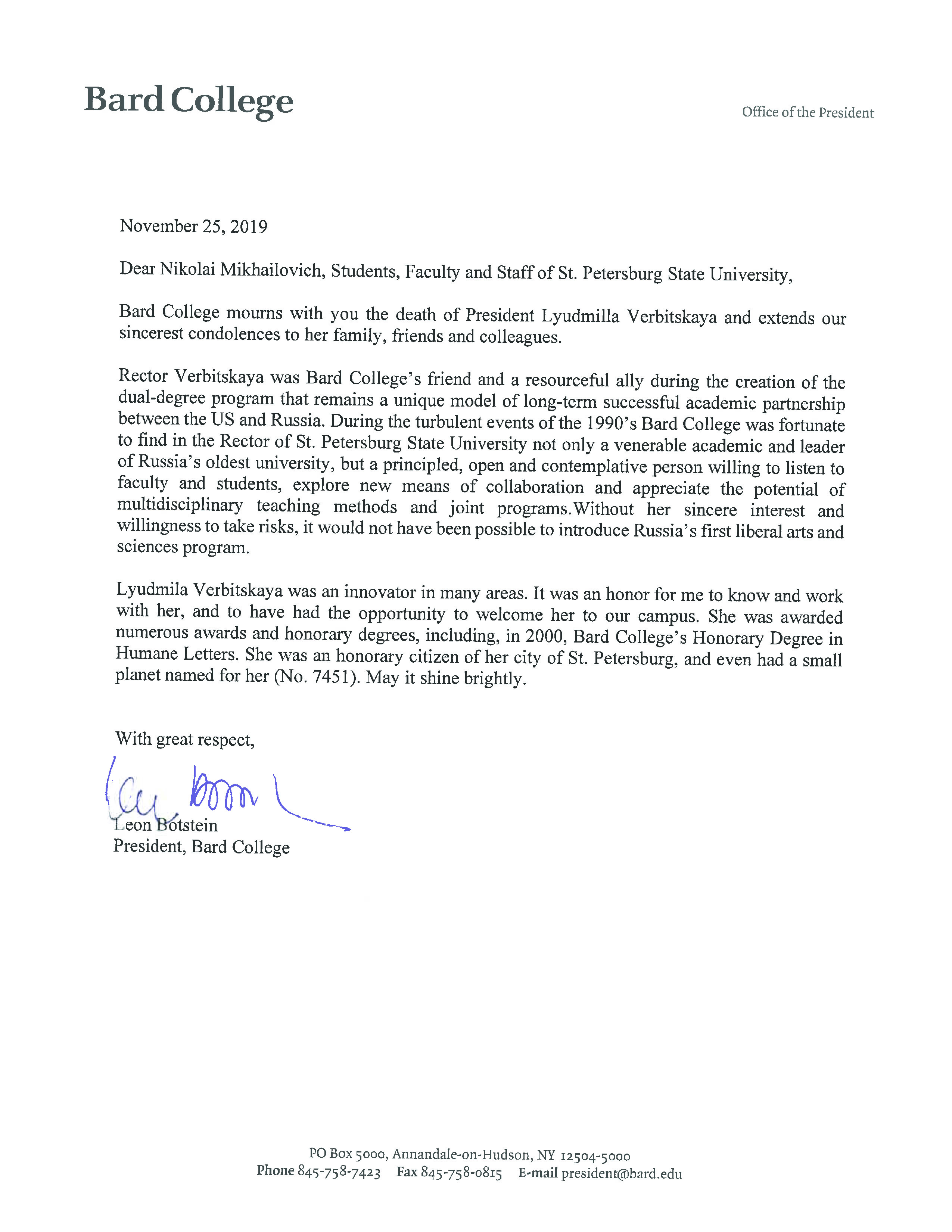 From Bard College President Leon Botstein